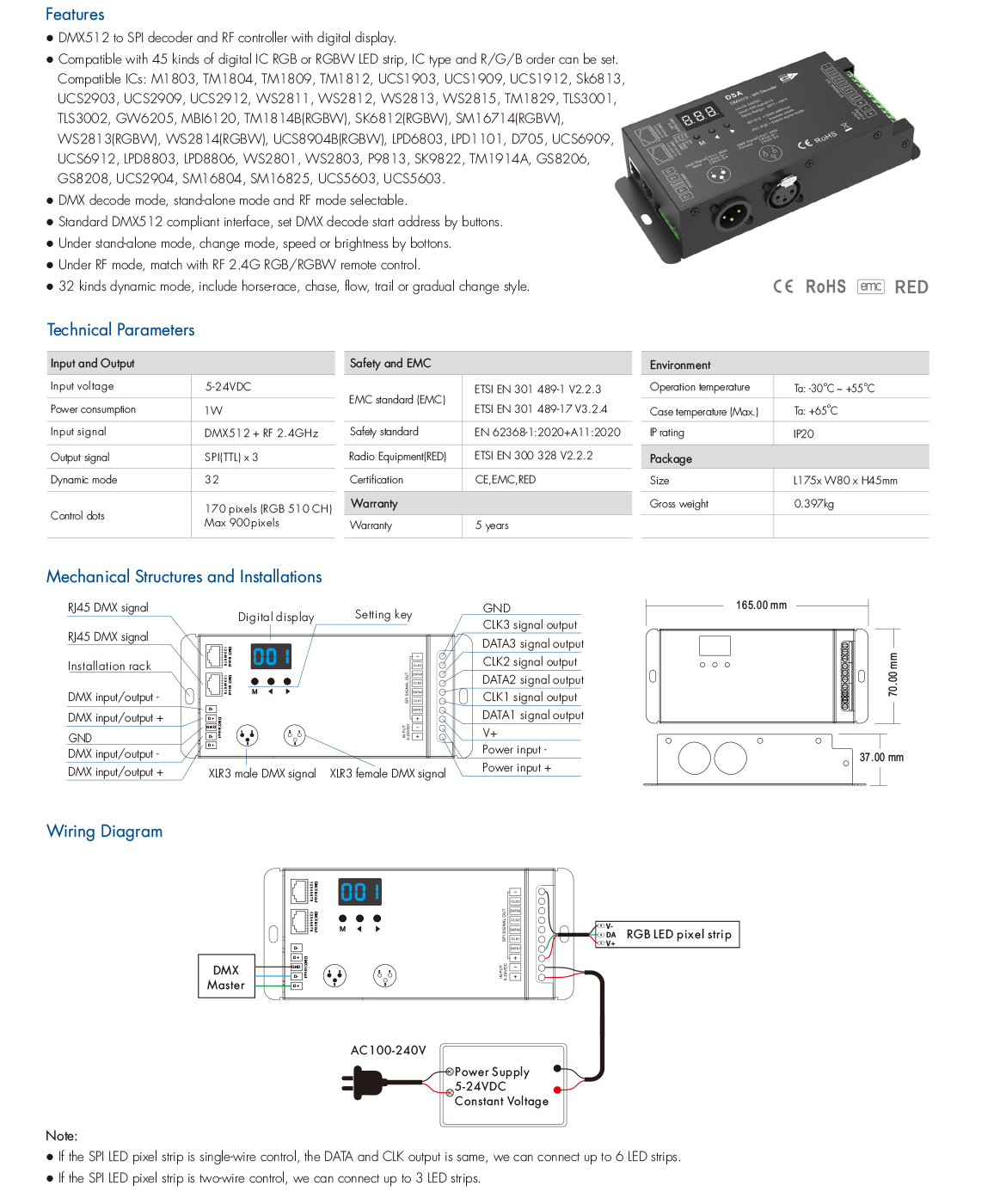 DSA 5-24VDC DMX512-SPI Decoder (with RF)