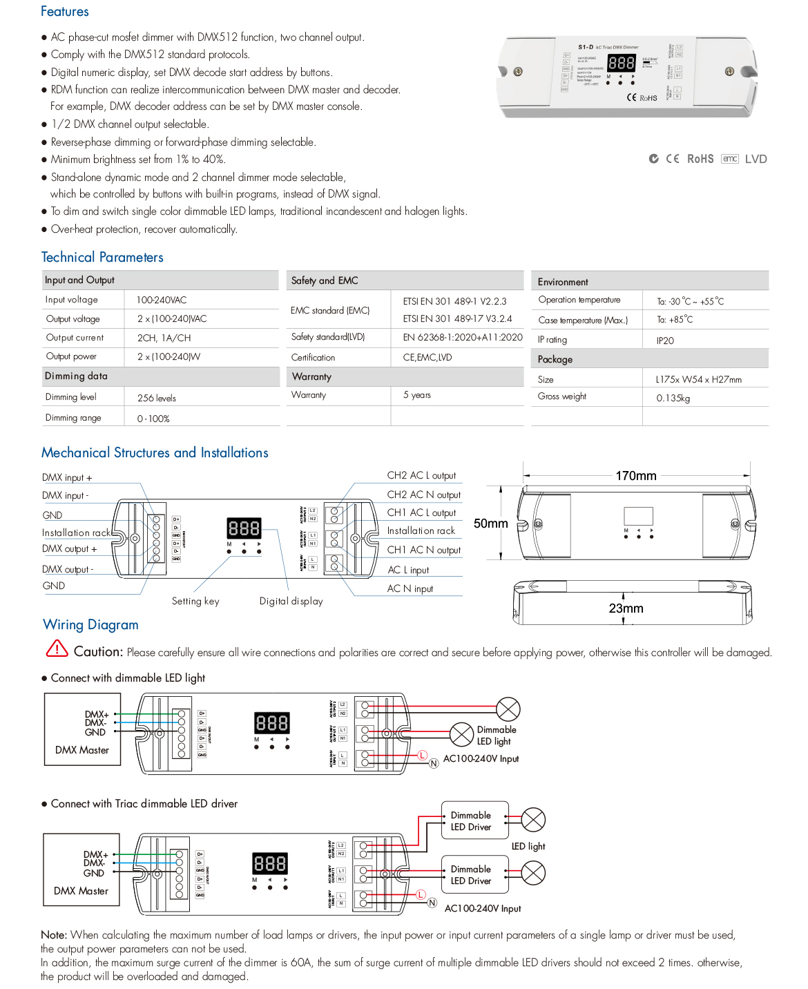 S1-D 2CH*1A AC Phase-cut DMX Dimmer