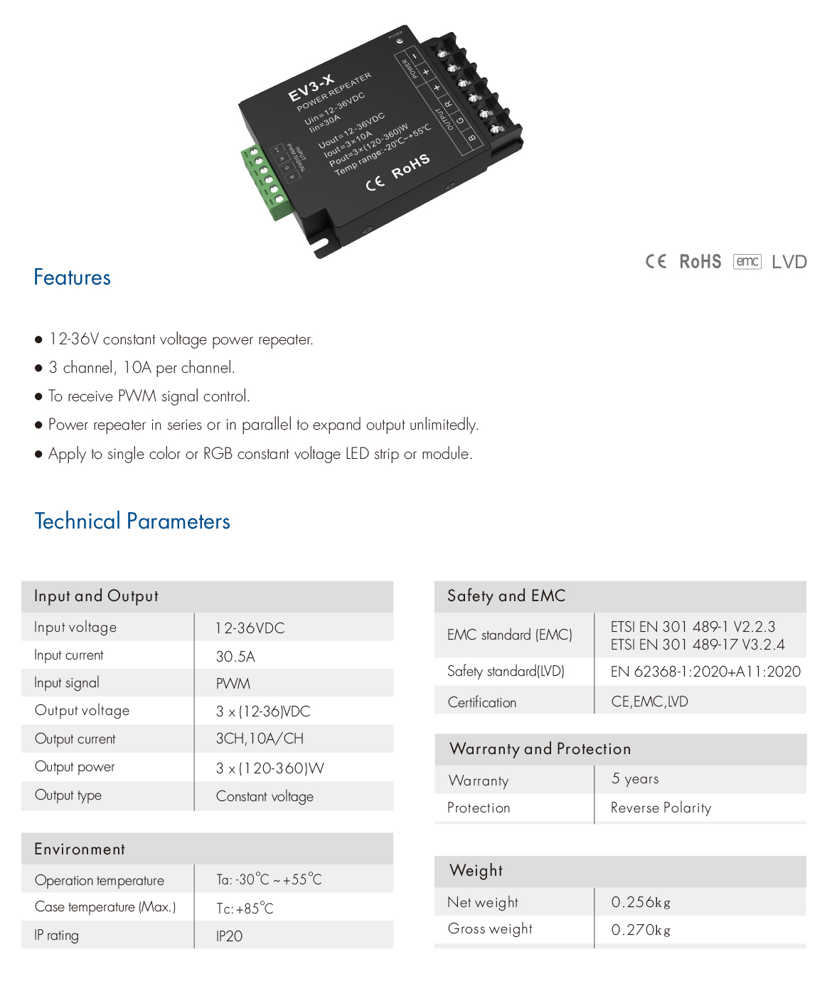 EV3-X 30A High Power Amplifier for RGB Controller