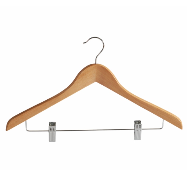 Natural Color Wooden Clothes Hangers With Clips For Hotel