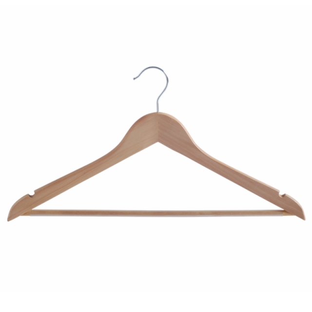 Natural Color Wooden Clothes Hangers With Bar For Hotel