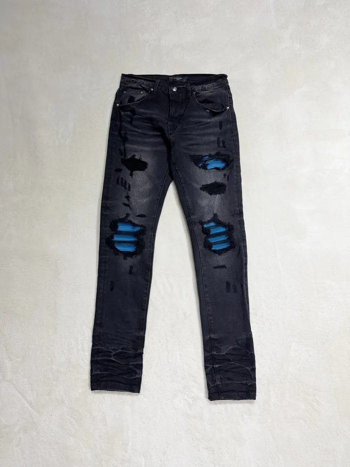 1:1 quality version Blue leather ripped patch jeans
