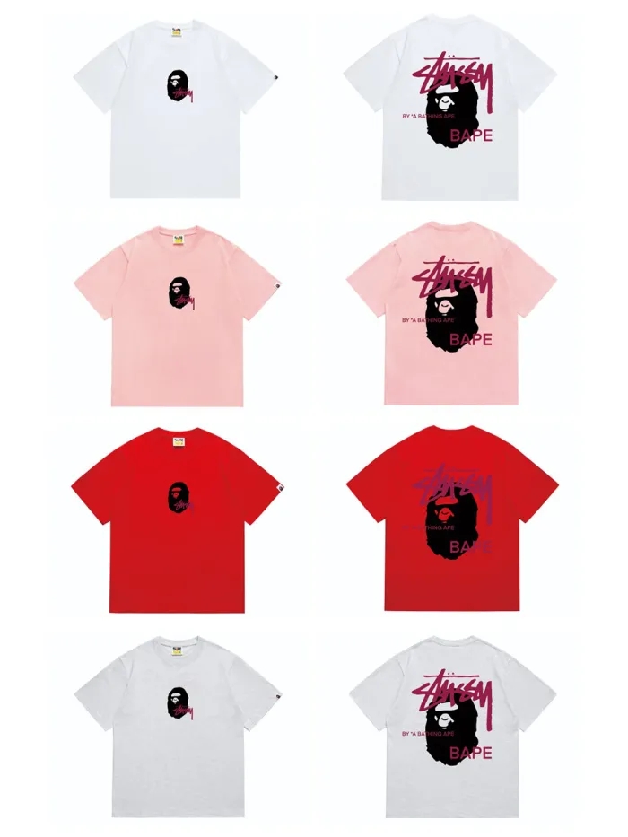 Bape x Stussy Front and back co-branded ape head monogrammed tee 4 colors