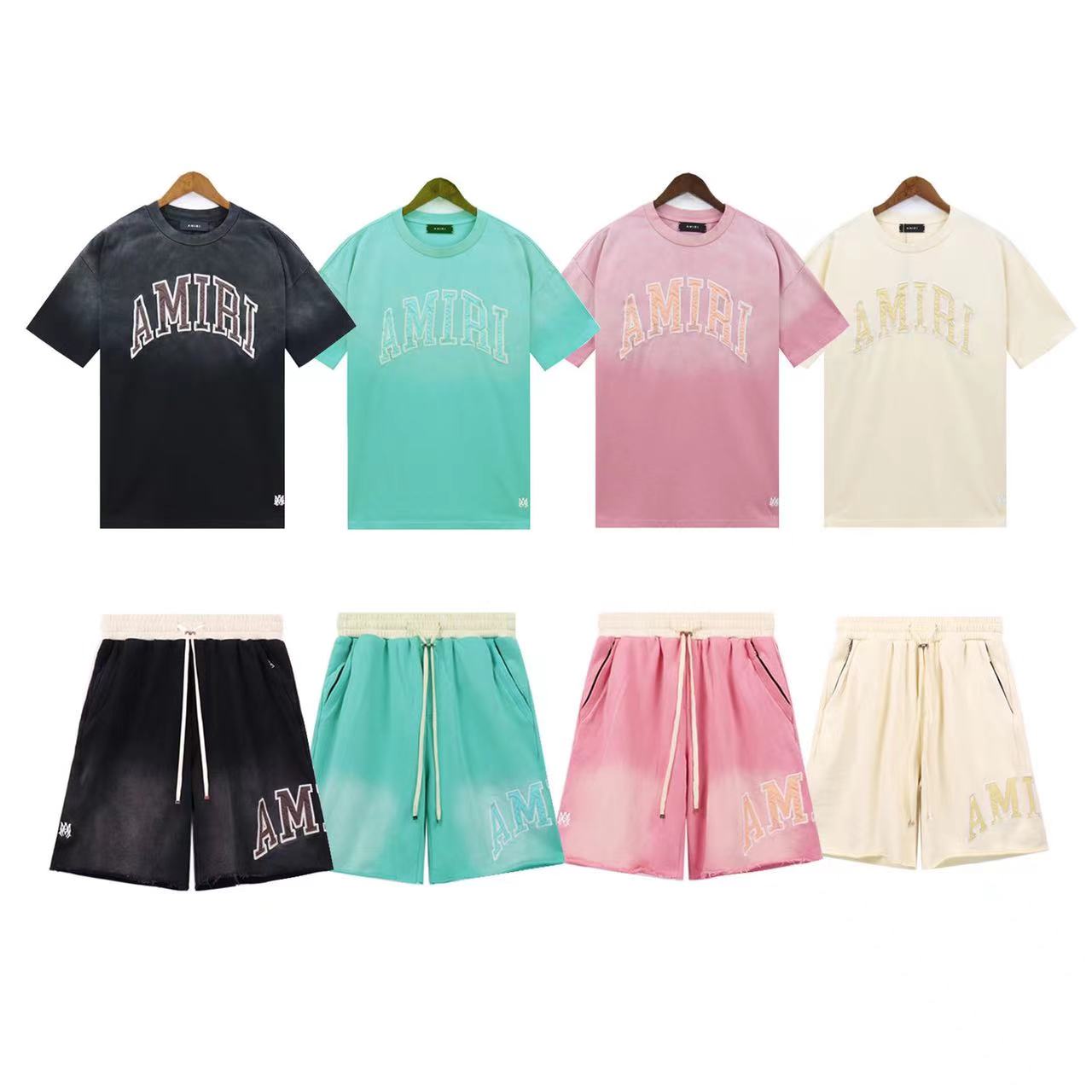 AM Washed Material Letter Patch Shirt And Shorts 4 Colors