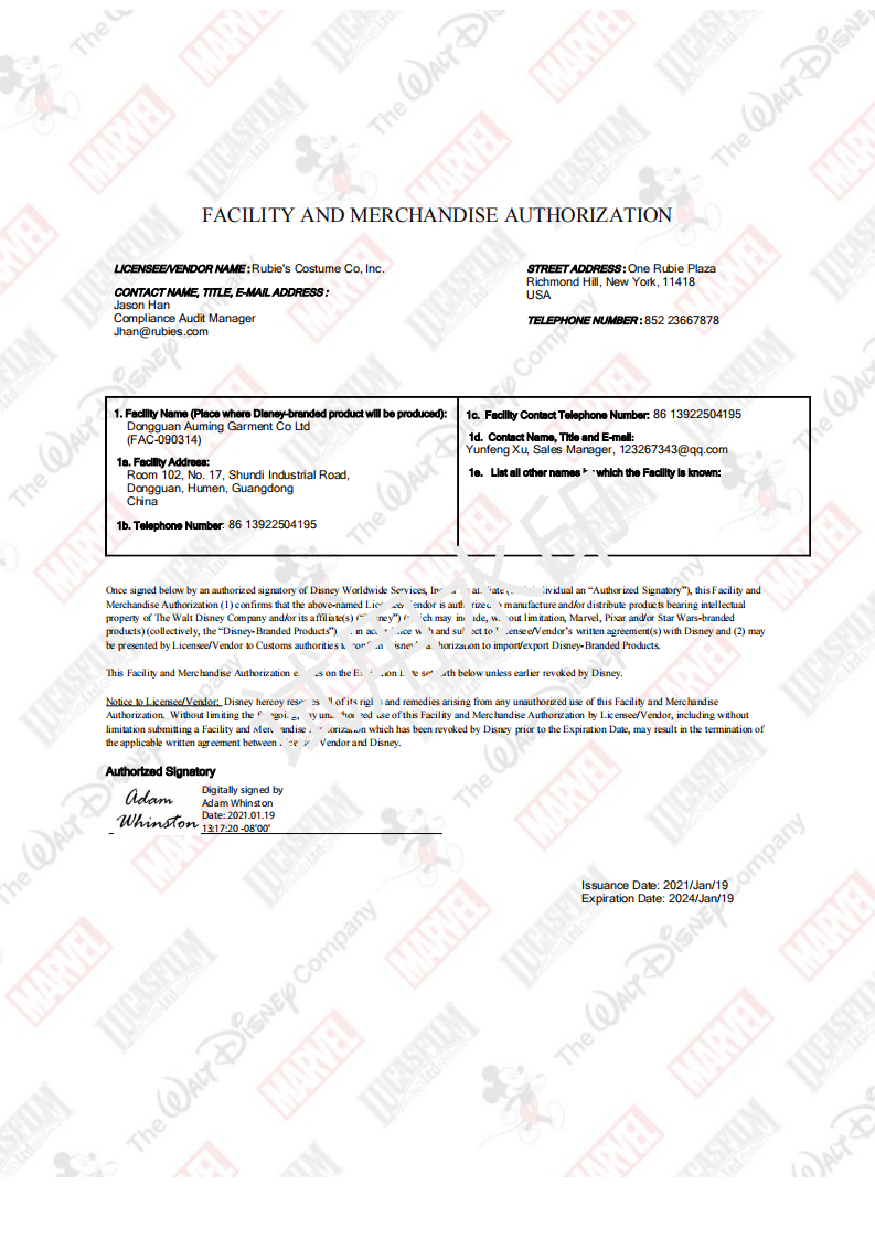 Our Impressive Certificates in Costume Manufacturing