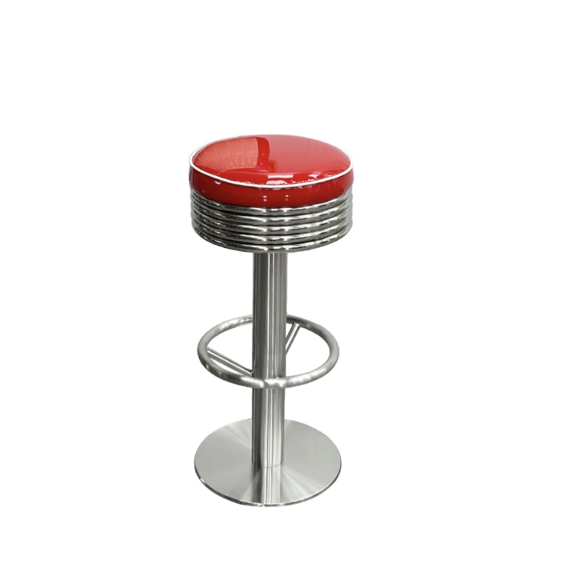 SOF 1950s Retro Stainless Steel Bar Stool with Red Leather Upholstery for Restaurant