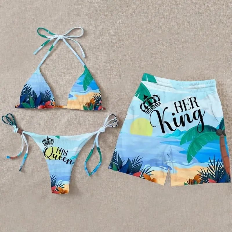 His Queen Her King Print Couple Matching Swimsuits For Couples