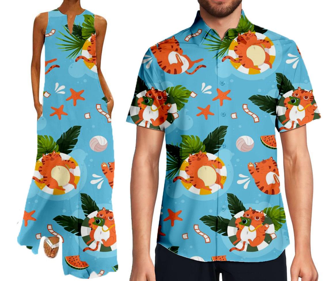 Cute Cat Print Hawaiian Shirt His And Hers Matching Outfits