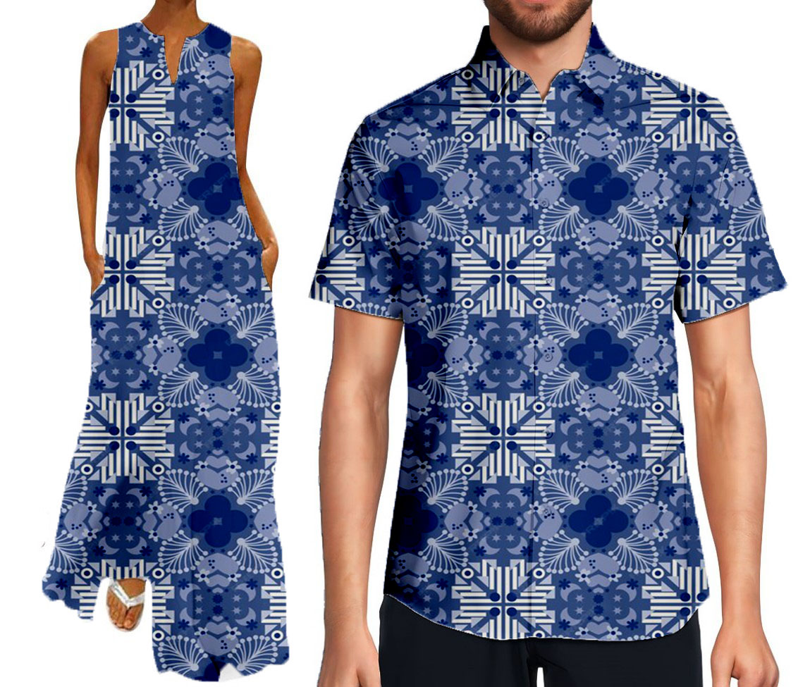 Blue African Print Long Beach Dress Husband And Wife Matching Outfits