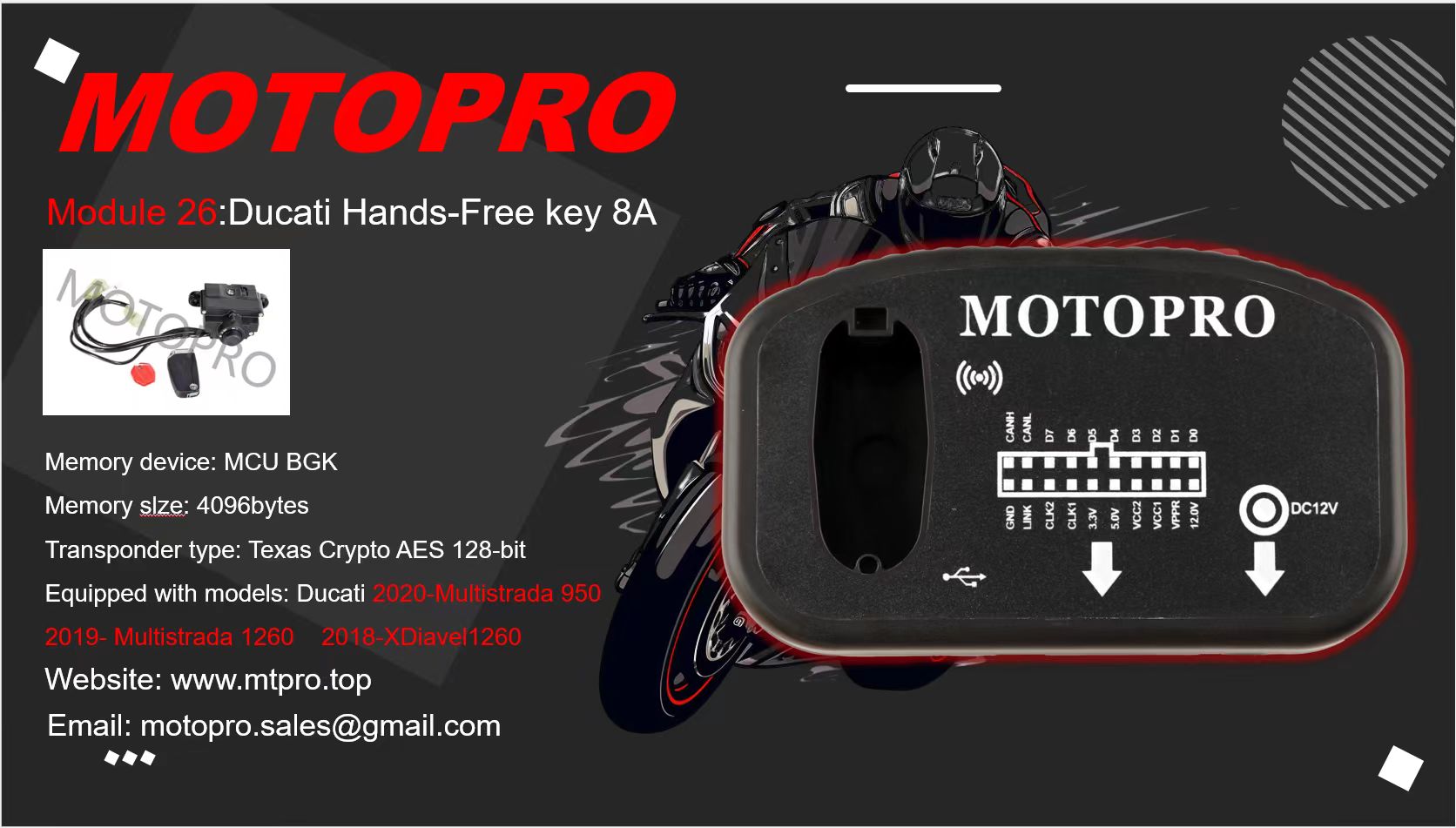 Motorcycle 8A Smart key Uncut Blade One-Click Keyless For Ducati 2020 ...