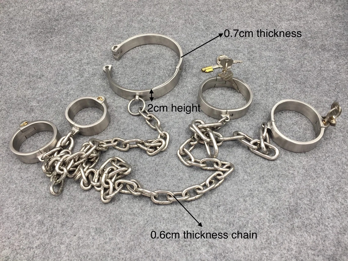 Stainless Steel Bondage Kit Collar Handcuffs Ankle Cuffs Connected With