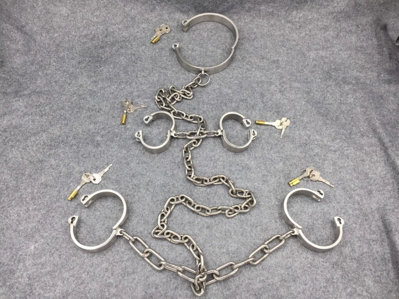 Stainless Steel Bondage Kit Collar+Handcuffs+Ankle Cuffs Connected with ...