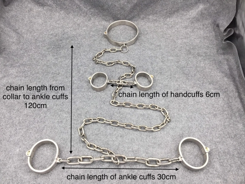 Stainless Steel Bondage Kit Collar+Handcuffs+Ankle Cuffs Connected with ...