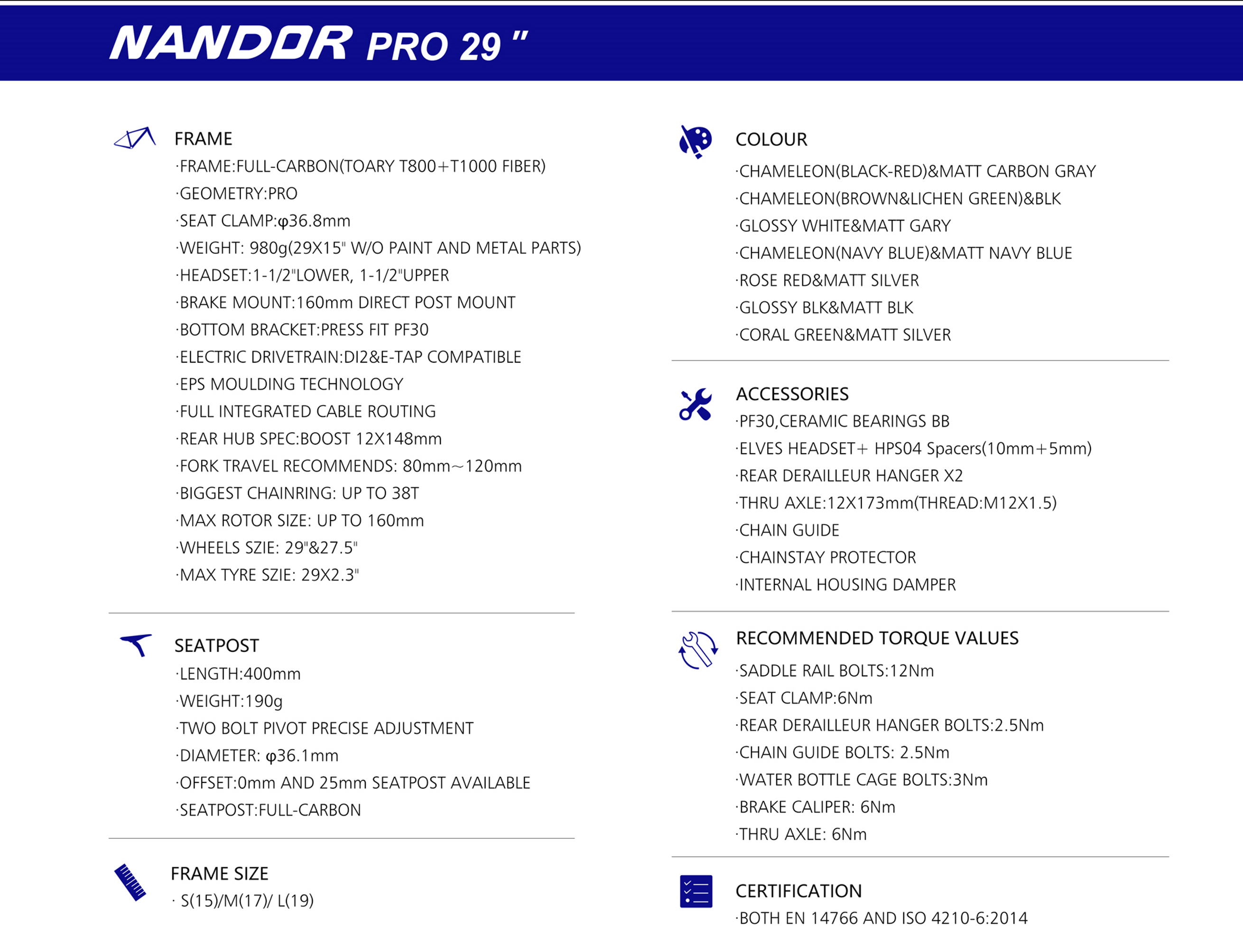 ELVES Nandor Pro 29er XC MTB Hardtail Carbon Frame