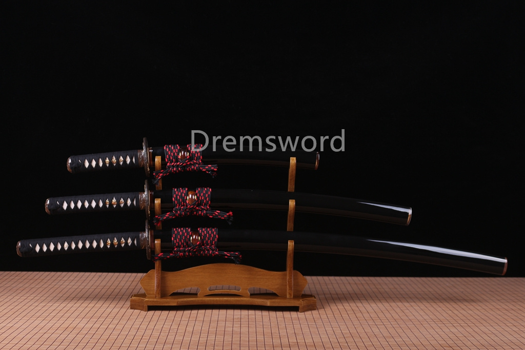 Folded Steel Clay Tempered Katana Wakizashi Tanto Daisho Set Japanese ...