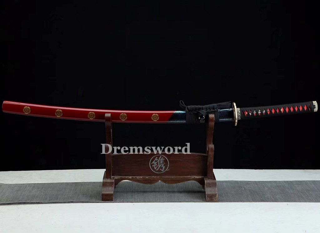 Handmade damascus folded steel black with red sword japanese samurai ...