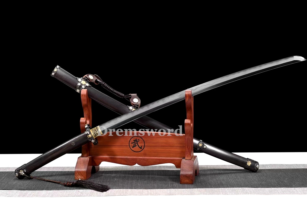 Handmade Folded steel clay tempered Japanese Samurai Sword black Tachi ...