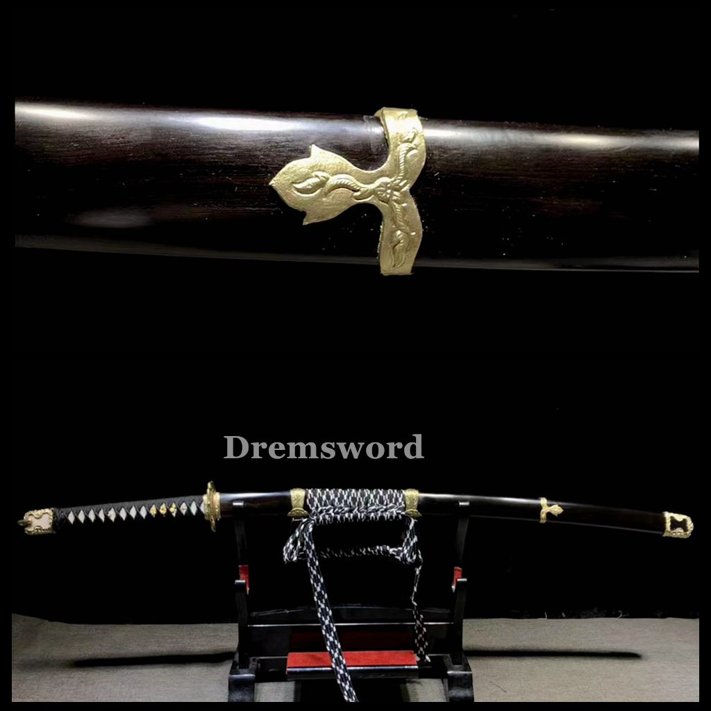 Handmade Folded steel clay tempered black Tachi Japanese samurai Sword ...