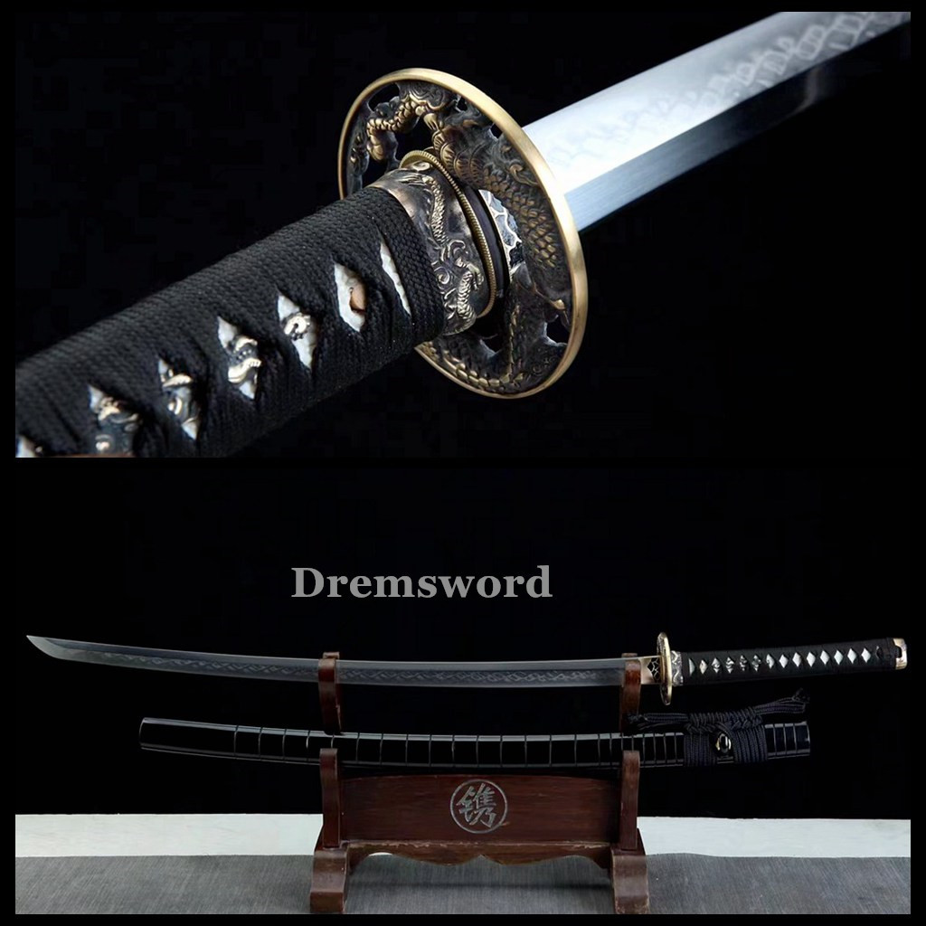 Handmade Clay tempered T1095 Steel Japanese Samurai katana Sword black ...