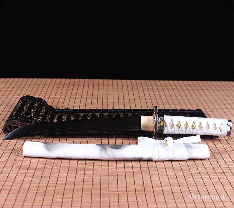 handmade Japanese tanto Samurai Sword Black Blade damascus Folded Steel ...