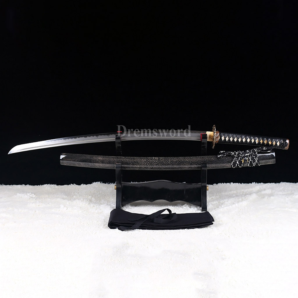 Clay Tempered Folded Steel Abrasive blade Japanese Samurai Black Sword ...