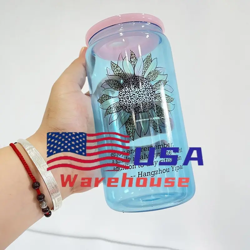 Alwin 16oz USA Warehouse Sublimation Colored Jelly Glass Can with Plastic Lids and Straws