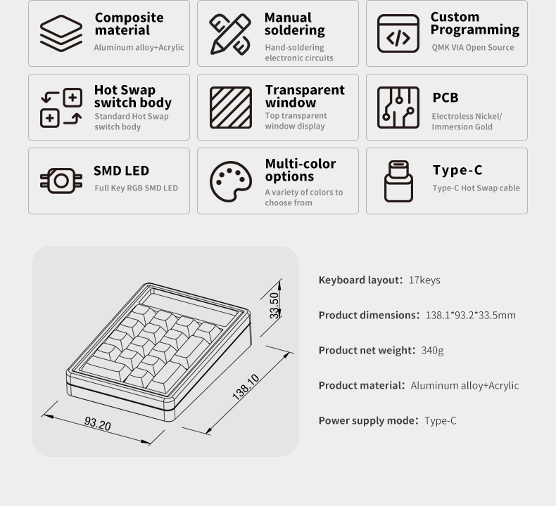 17 keys Programmable Multifunction Mechanical keyboard