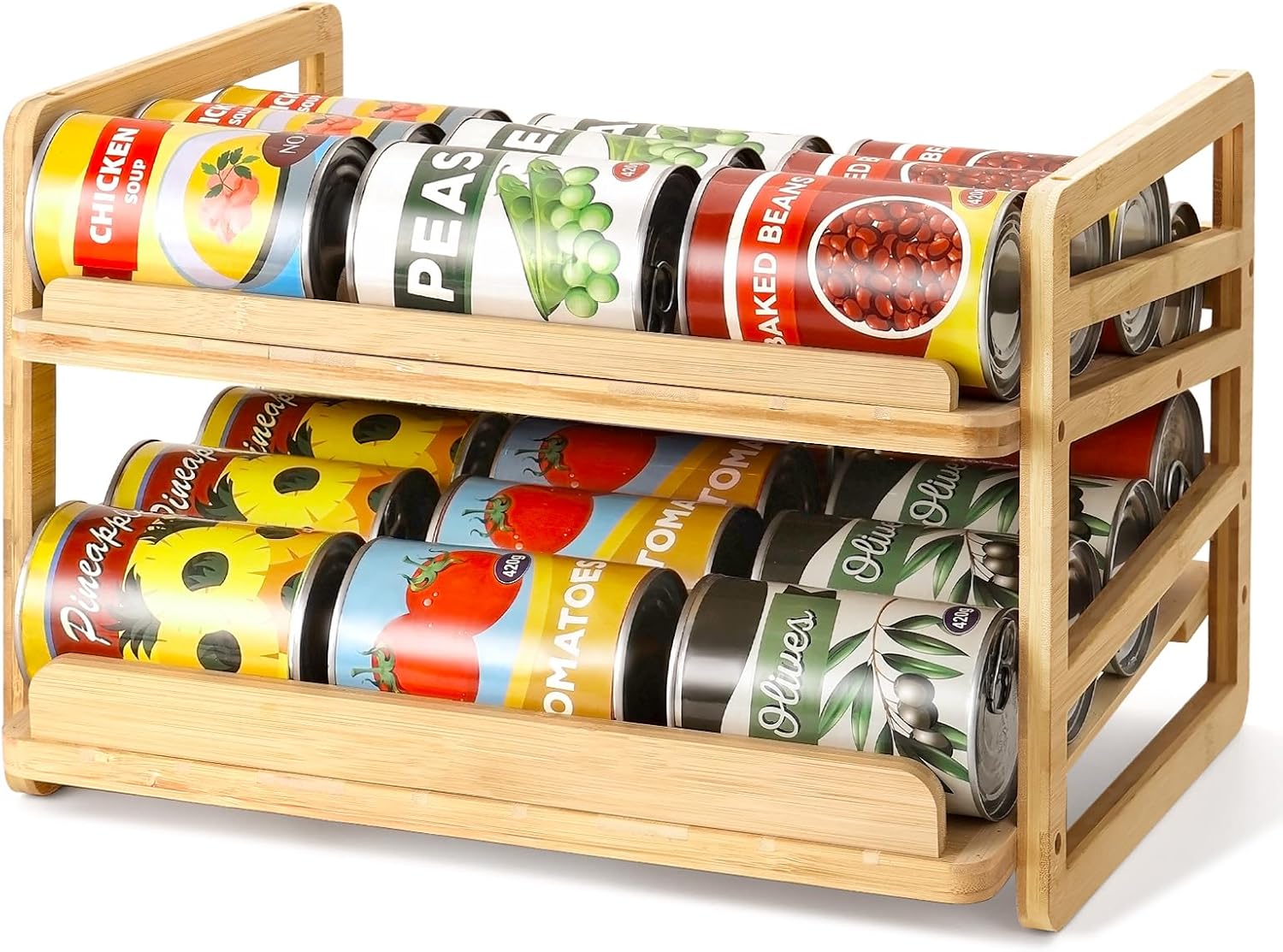 Rolling Bamboo Can Organizer Rack, Stackable Double-Layer Can ...