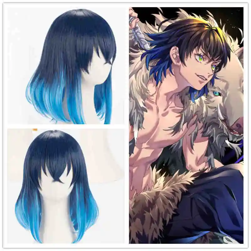 Inosuke Hashibira Blue Synthetic Cospaly Wig Anime Demon Slayer Kimetsu ...
