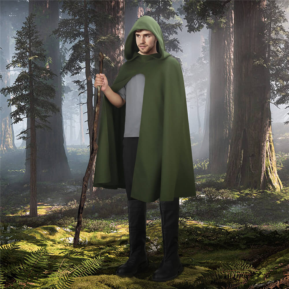 Renaissance Hooded Cape Witch Cloak Medieval Hobbit Halloween Olive Costume