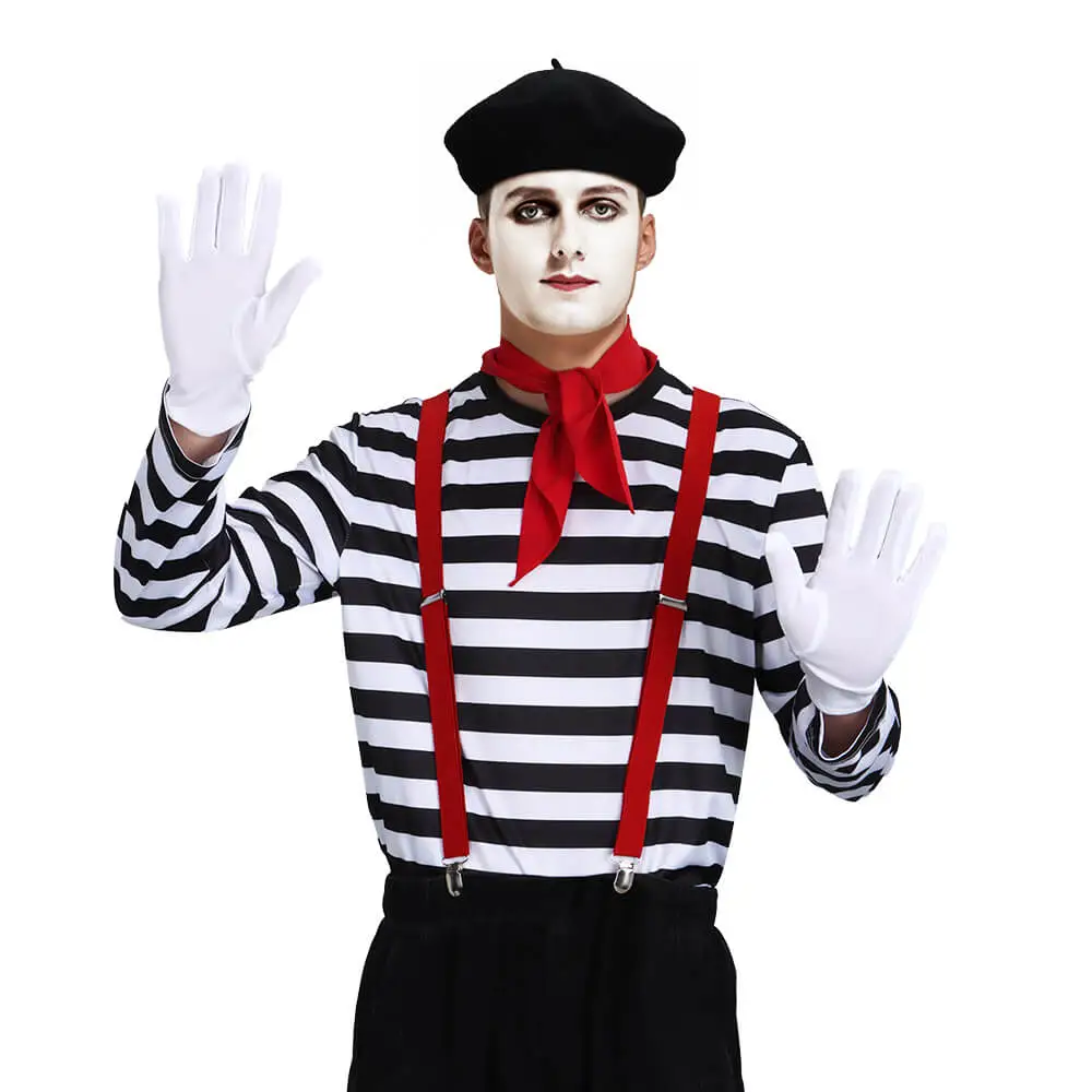 Men's French Mime Costume Mime Artist Silent Actor Clown Striped ...