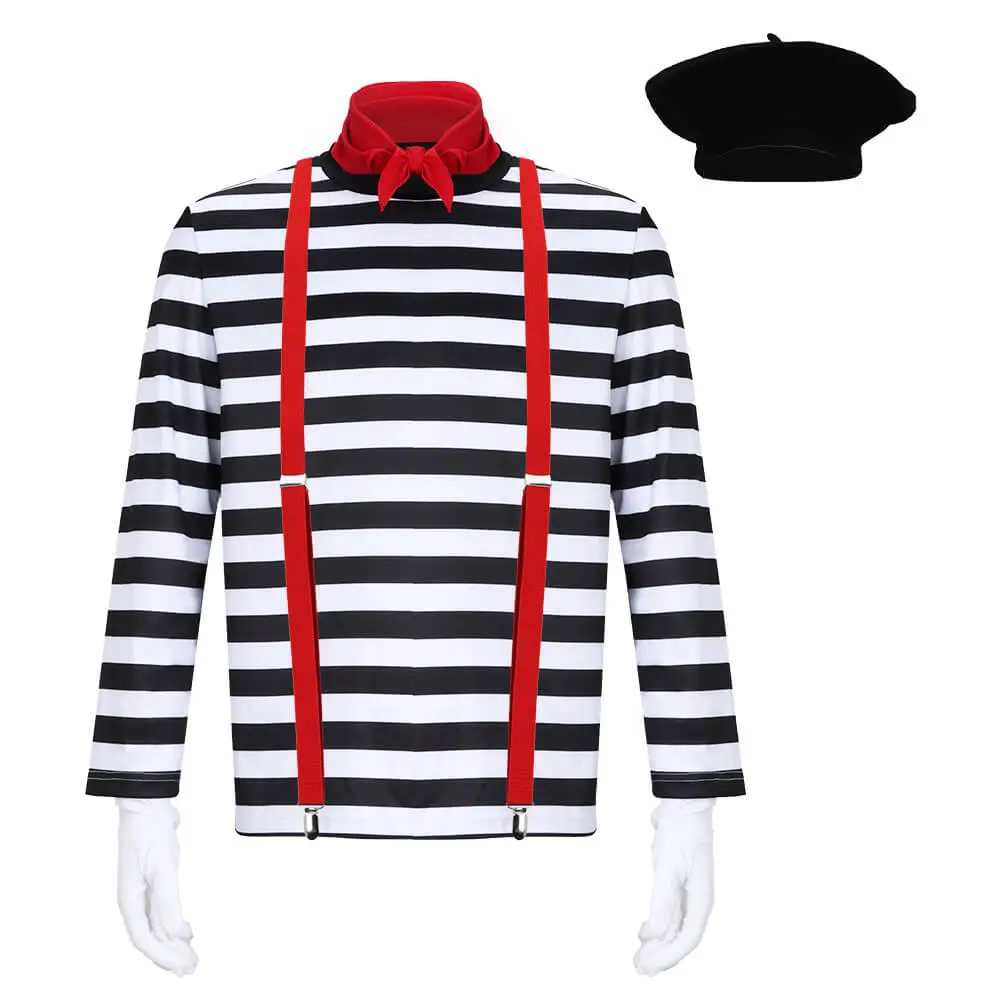 Men's French Mime Costume Mime Artist Silent Actor Clown Striped ...