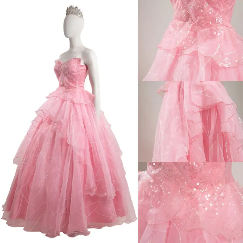 Wicked (2024) Glinda Cosplay Costume Pink Embroidered Organza Skirt ...