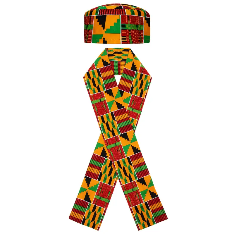 African Kente Pattern Kufi Men Hat and Kente African Print Stole Sash ...