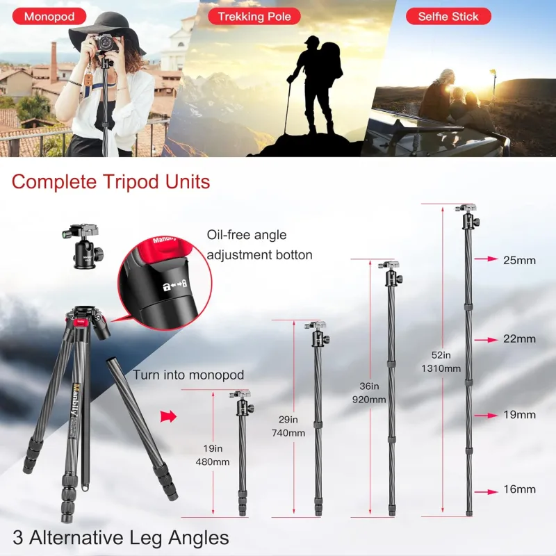 Manbily Carbon Fiber Tripod, YS-254C (Red&Black）