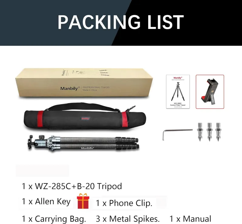 Manbily Compact Carbon Fiber Tripod for Camera, WZ-285C