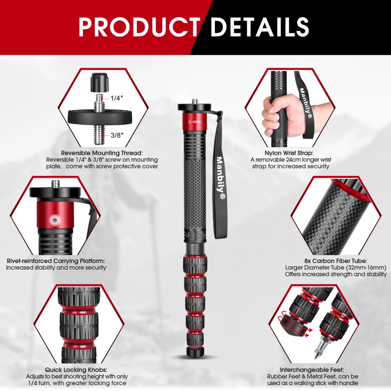 Manbily Camera Monopod Carbon Fiber 32mm Tube, Max. 33lbs (RED) C-666L