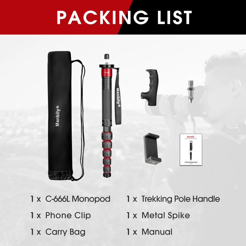 Manbily Camera Monopod Carbon Fiber 32mm Tube, Max. 33lbs (RED) C-666L