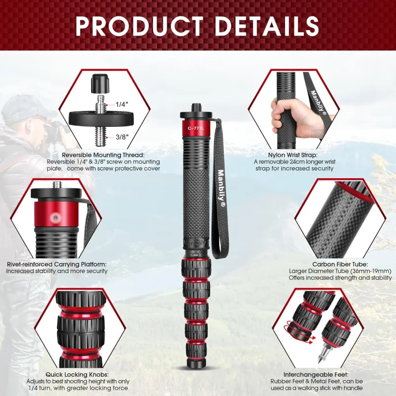 Manbily Camera Monopod Carbon Fiber 36mm Large Tube, Max. 40lbs, 44cm-174cm (RED) C-777L