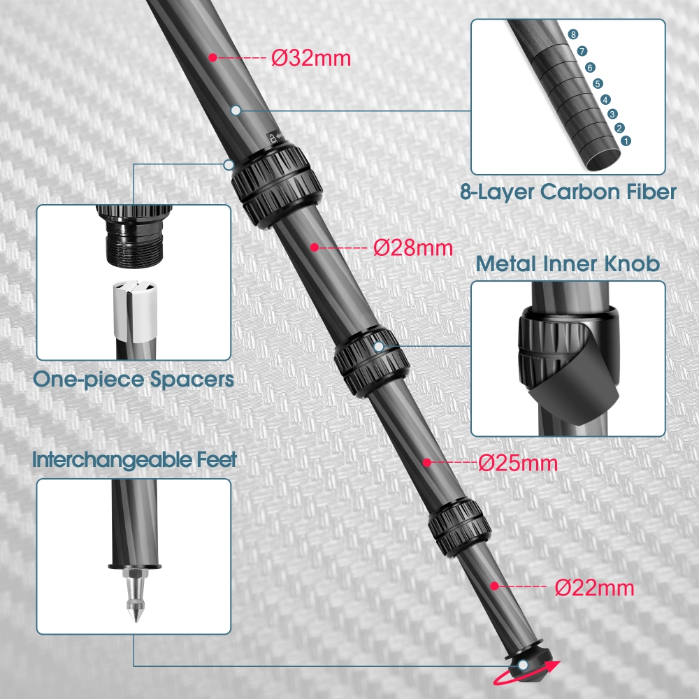 Manbily WZ-324 Carbon Fiber Hunting Tripod, 32mm Tube, 20kg Load
