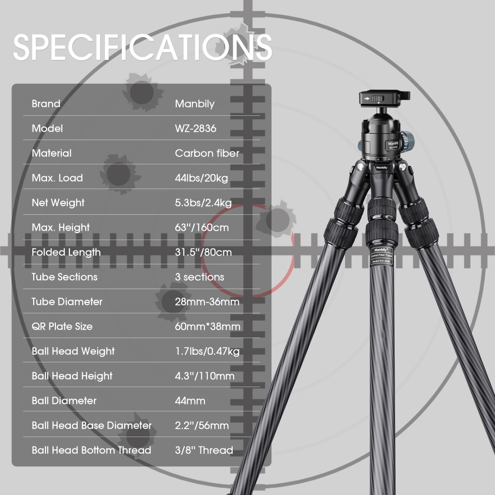 Manbily WZ-2836 Inverted Tripod,63″ Tall, Carbon Fiber Tripod with 44mm ...