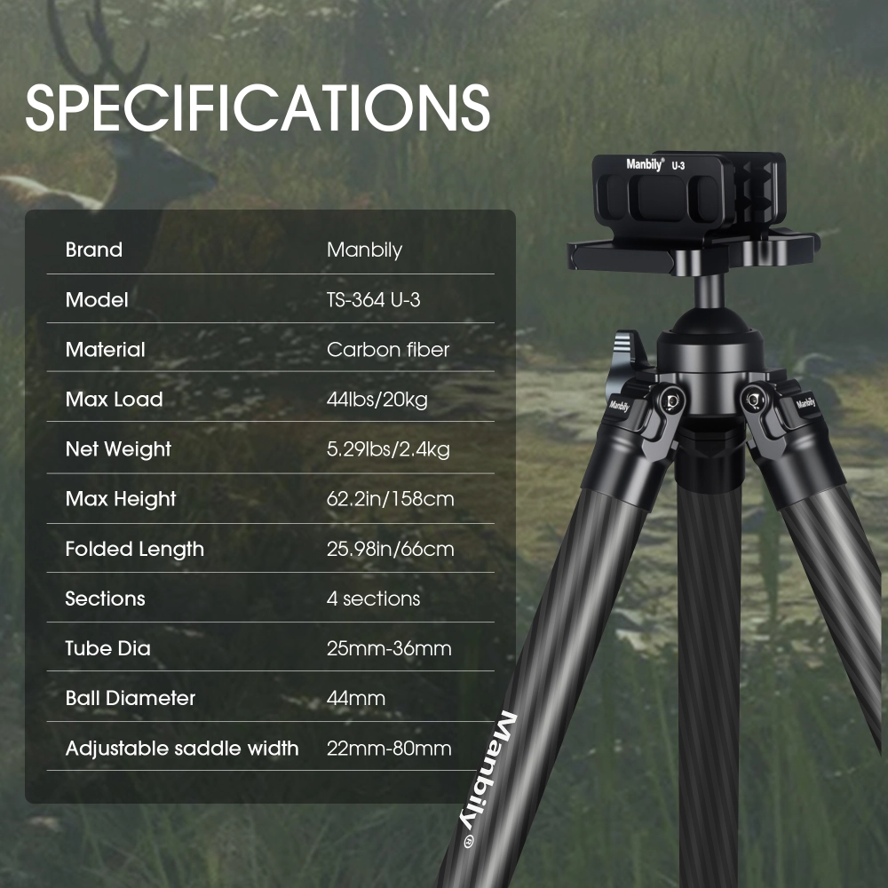 Manbily TS-364U3 Carbon Fiber Hunting Tripod with Saddle Clamp, 36mm Tube