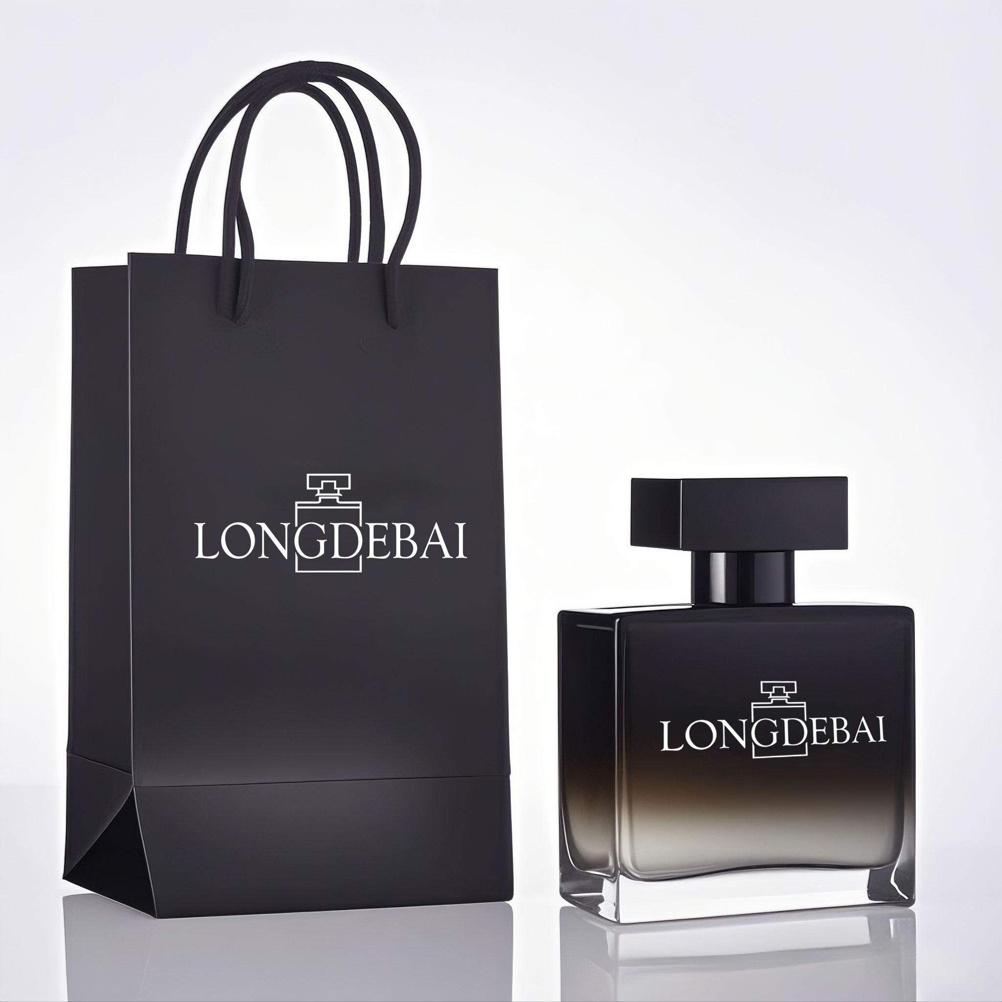 Luxury gradient black flat shape rectangle glass perfume bottle