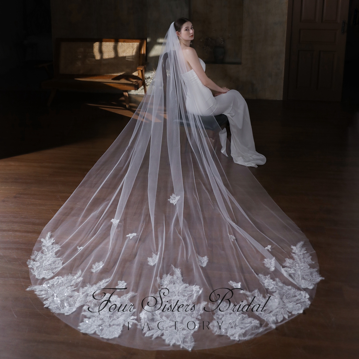 118 Inch Sequin Floral Lace Veil