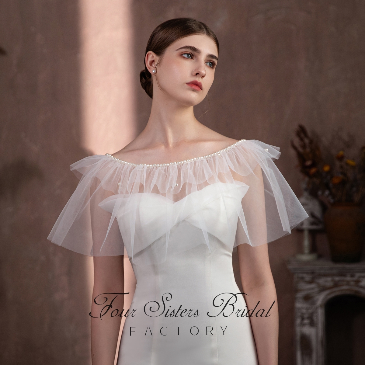 One Shoulder Tulle Bridal Shawl