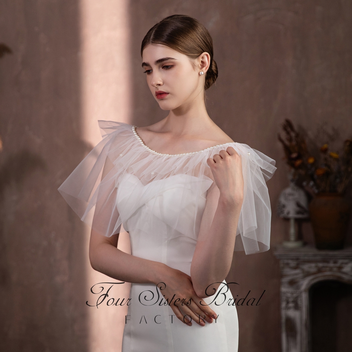 One Shoulder Tulle Bridal Shawl