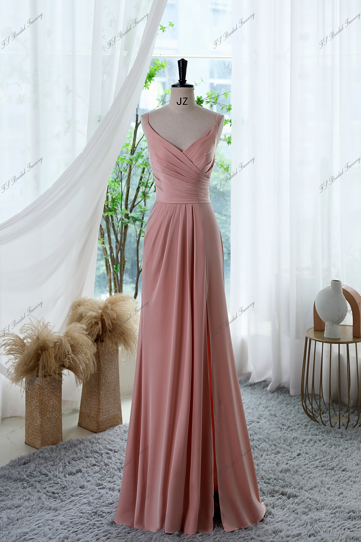 High Split Prom Gown With Double Spaghetti Straps Back