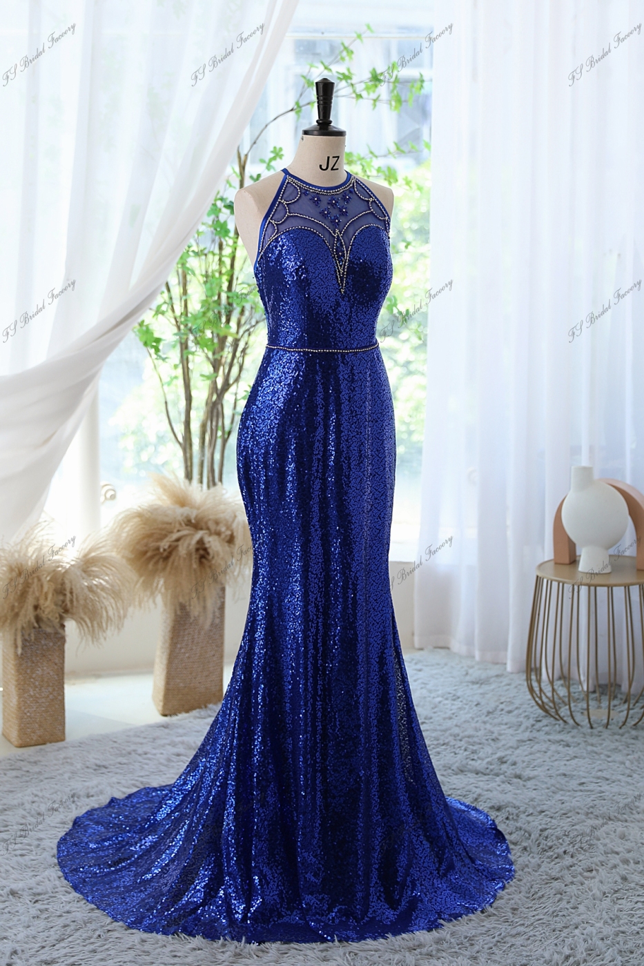 Sequin Mermaid Prom Gown with Halter Neckline Crystal Beading Banded Waist