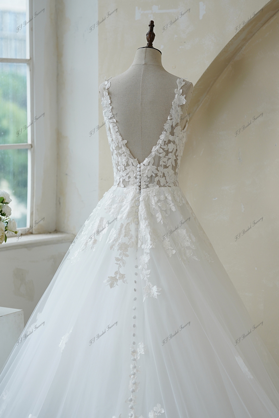 Deep V Back Lace Applique Ball Gown Wedding Gown