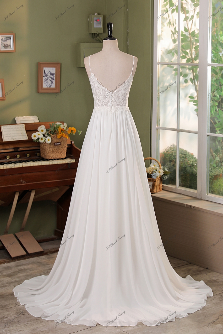Spaghetti Straps Lace A Line Chiffon Wedding Dress